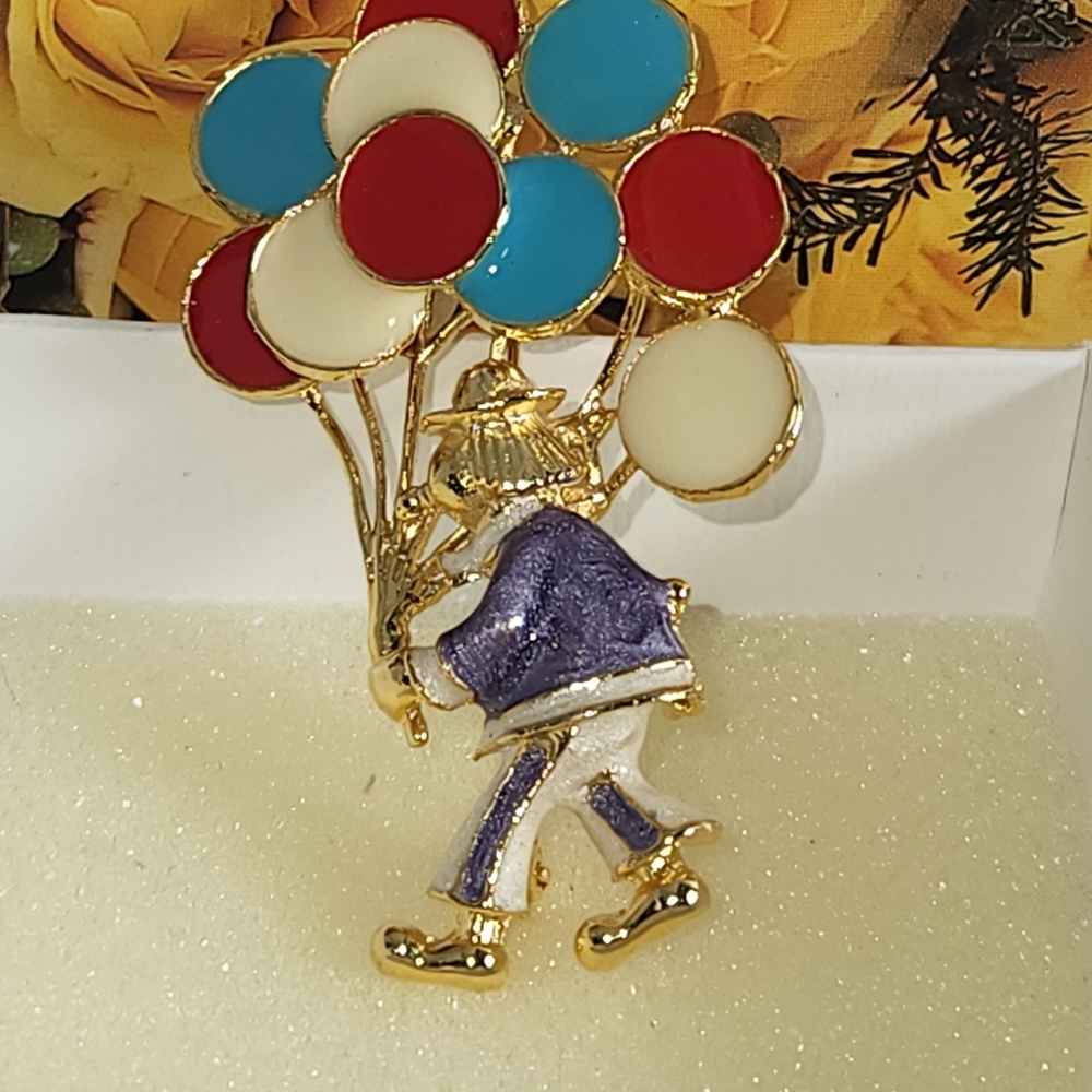 #1504 Vintage 10k Gp Clown With Balloons Brooch. 2.5"… - Gem
